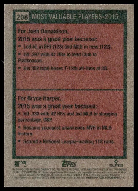 CARTE MVP BRYCE Harper / Josh Donaldson 2024 Topps Heritage 2015 #208 ...