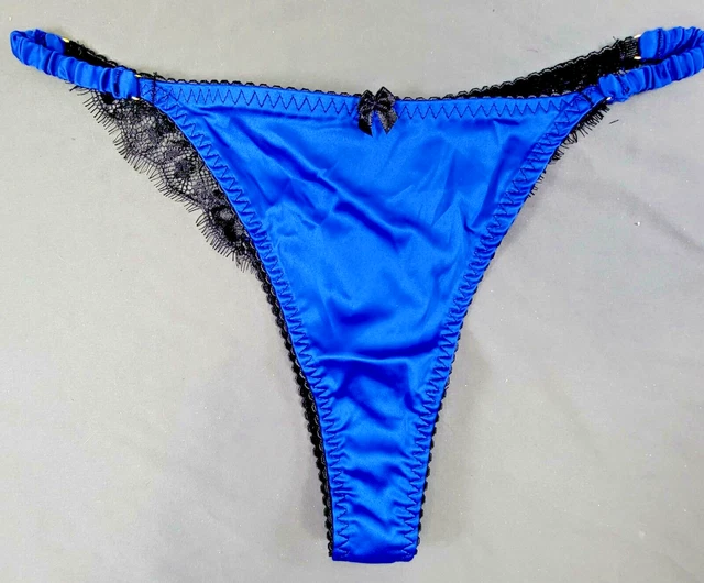 LIQUID SATIN SHINY BLUE STRING Bikini THONG Panties W/BLACK LACE SZ-L ...