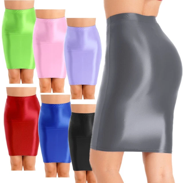 WOMENS SHINY HIGH Waist Tight Pencil Skirt Stretchy Bodycon Hip Skirt ...