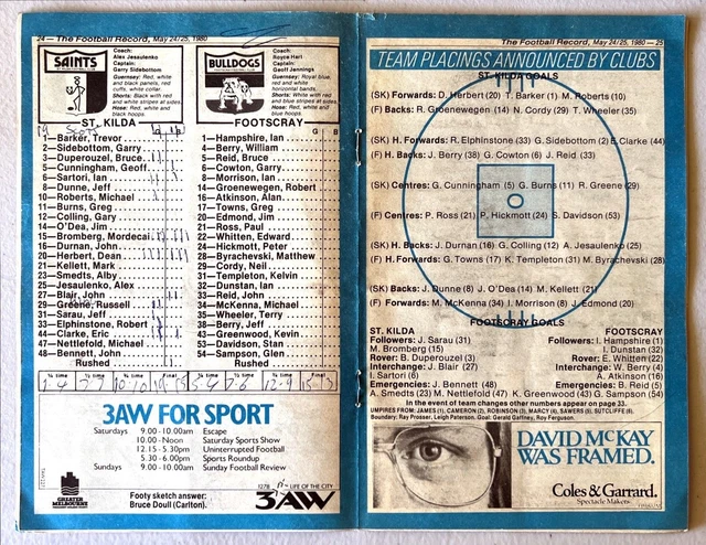 1980 MAY 24TH St Kilda Saints V Footscray Bulldogs Vfl Footy Record $10 ...
