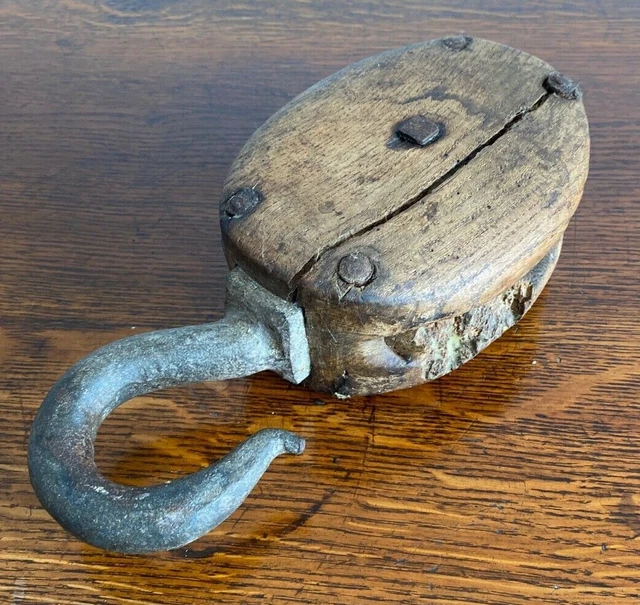 LARGE ANTIQUE SHIPS Boat Wodden Iron Pulley Hook Rigging Marine ...