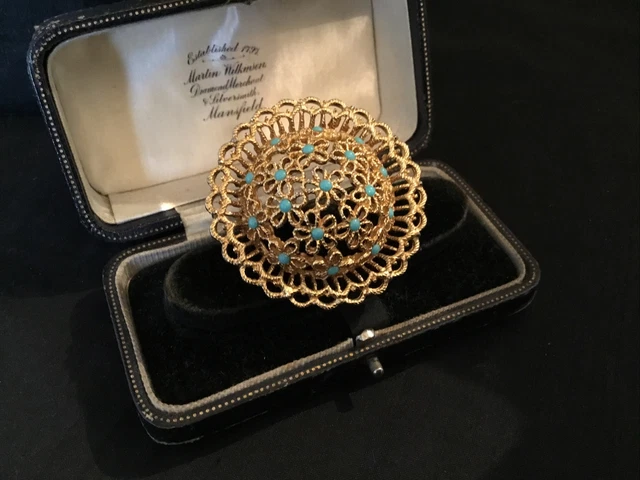 VINTAGE SPHINX 1950S Gold Plate & Turquoise Blue Stone Flower Brooch ...