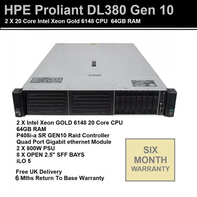 HP PROLIANT DL380 Gen10 Server 2 X Xeon Gold 6148 20CORE CPU @2.4GHz 64GB RAM £824.99 - PicClick UK