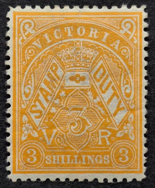 C1902- VICTORIA AUSTRALIA 3/- Orange Stamp Duty P11 WMK V/Crown upright ...