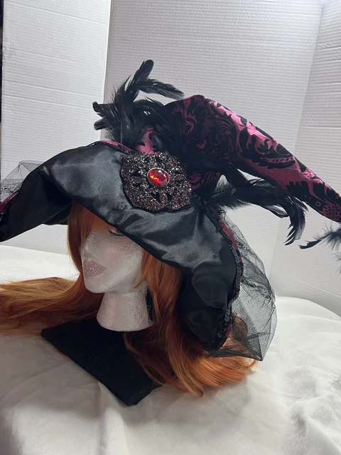 BLACK MAGENTA DAMASK satin Witch Hat Feather Gem Accent Halloween NWOT ...