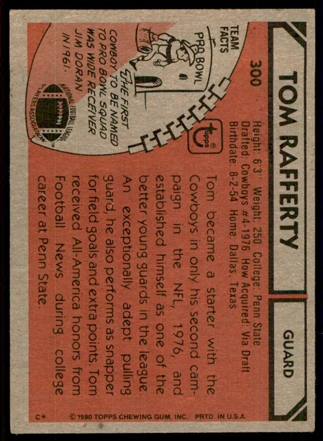 1980 TOPPS TOM Rafferty carte football Dallas Cowboys #300 EUR 1,94 ...