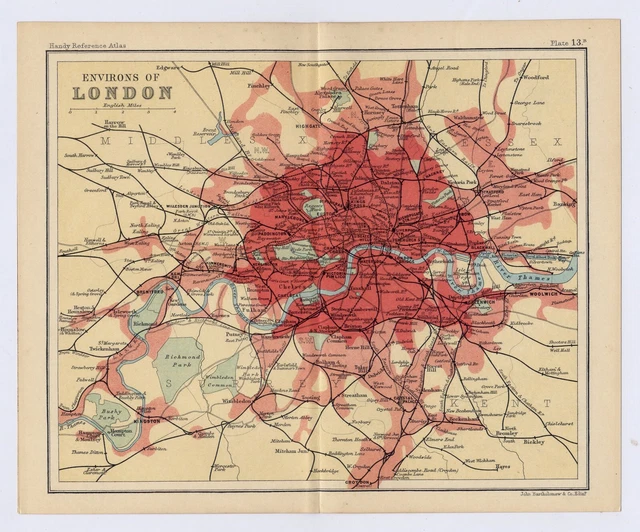 1912 ANTIQUE MAP Of London Environs / Subway Tube Railway Lines ...