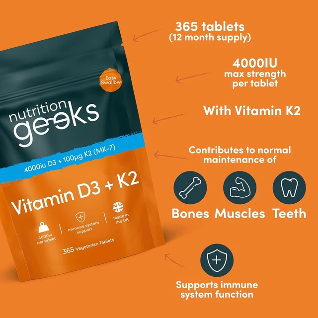 NUTRITION GEEKS VITAMIN D3 4000 iu + K2 100μg 12 months supply (365 ...
