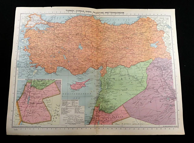 WW2 MAP PALESTINE Israel Syria Transjordan Cyprus Wartime War Geography ...