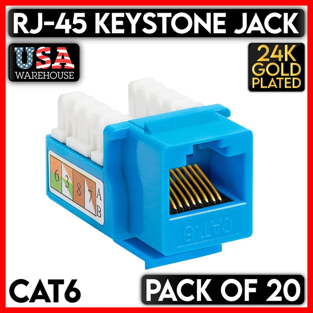 20 PACK BLUE CAT6 Keystone Jack RJ45 Ethernet Cat 6 UTP Punch Down ...