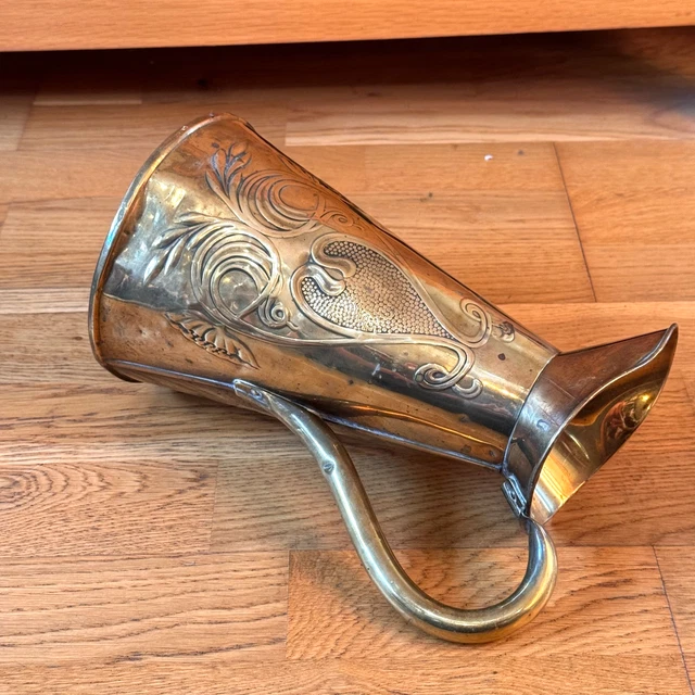 LARGE BRASS ART Nouveau Antique Flower Whiplash Stems Vase Jug Sankey ...