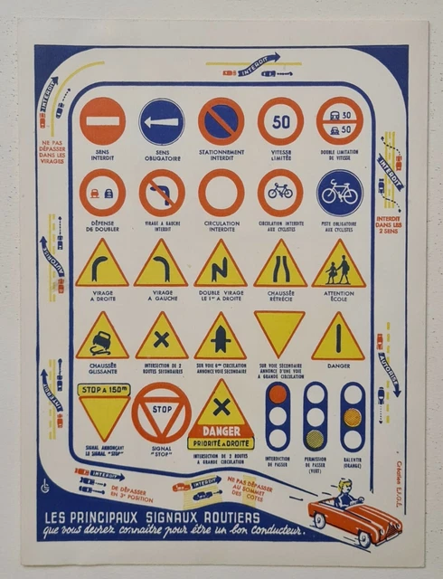 LES PRINCIPAUX SIGNAUX routiers vers 1950 Affiche Originale Automobile ...