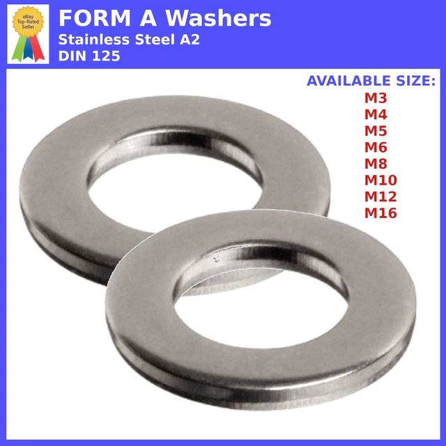 FORM A FLAT Washers Round M3/M4/M5/M6/M8/M10/M12/M16 Stainless Steel A2 DIN 125 £0.99 - PicClick UK