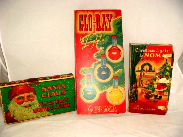 LOT 3 ANTIQUE Christmas Lights Boxes Glo-Ray With Lights, Mazda & Santa ...