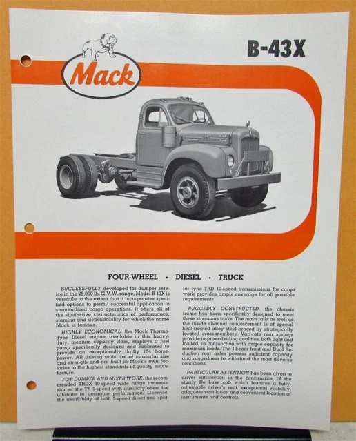 1962 MACK TRUCK Model B 43X Specification Sheet £18.92 - PicClick UK