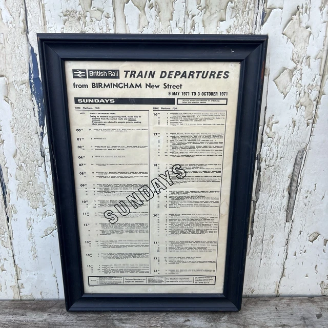 VINTAGE FRAMED 1970’S British Rail Timetable Birmingham New Street Man ...