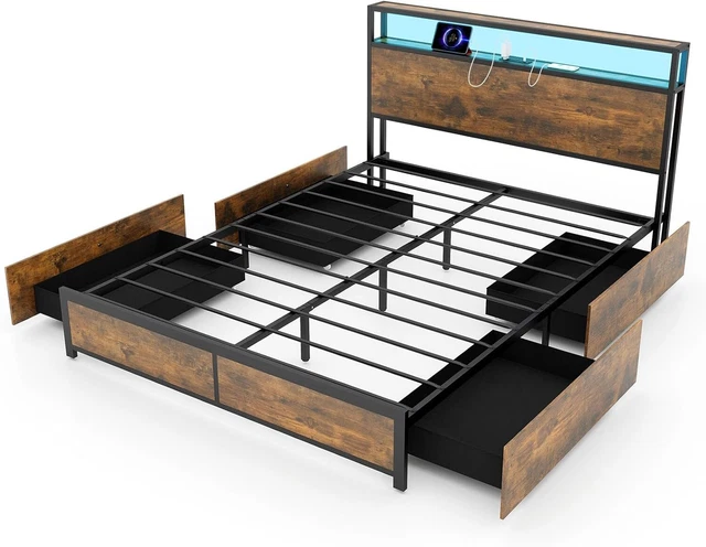 DOUBLE SIZE BED Frame Metal Bed Platform LED Lights Headboard & 4 ...
