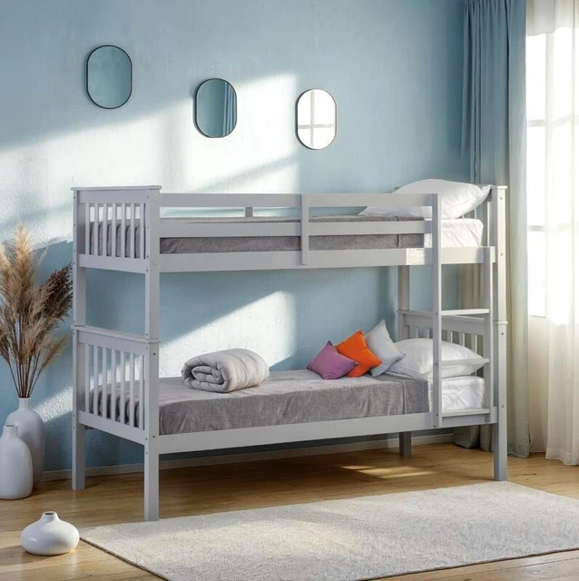 KIDS BUNK BED Grey 3FT Wooden Frame Sturdy Compact Sleeper for 2 Beds ...
