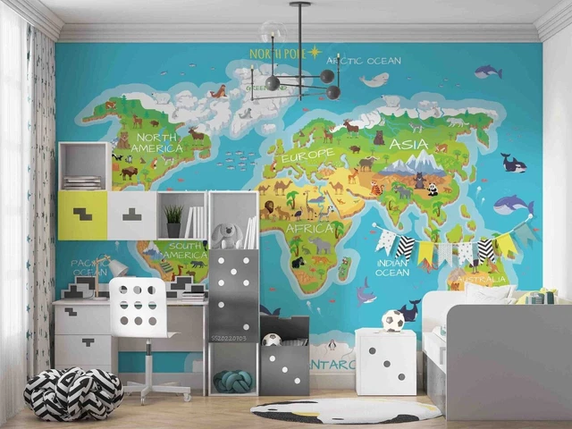 MAPPA DEL MONDO 3D balena lettere blu carta da parati murale fotomurale ...