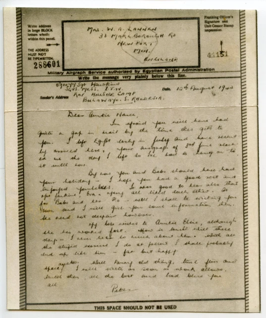 AIRGRAPH S. RHODESIA but MEF form! 1942 RAF Hillside Camp - censor - to ...