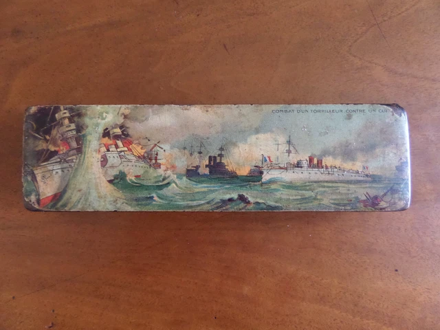 ANCIEN PLUMIER NAPOLÉON III carton mâché et chromo garni SCENE COMBAT ...