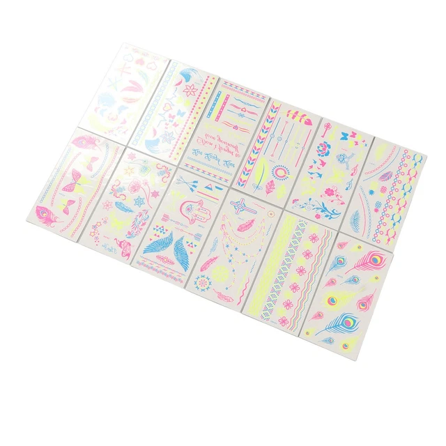 12 SHEETS FLUORESCENT Temporary Tattoos Fake Tattoo Stickers Full Body ...
