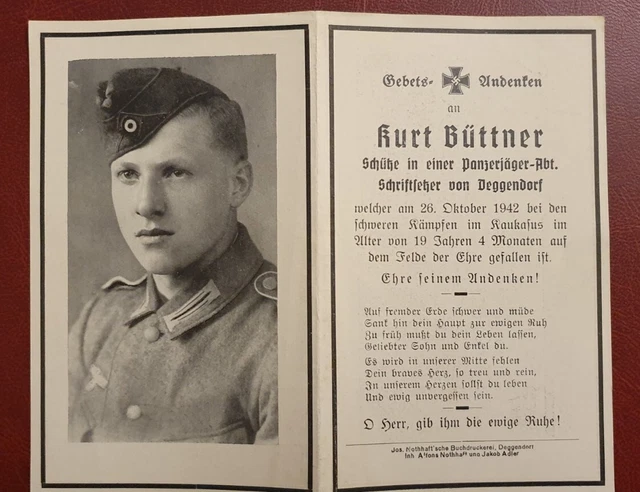 VINTAGE GERMAN WW2 death card KURT BUTTNER PANZER ABT Fell 26okt 1942 ...