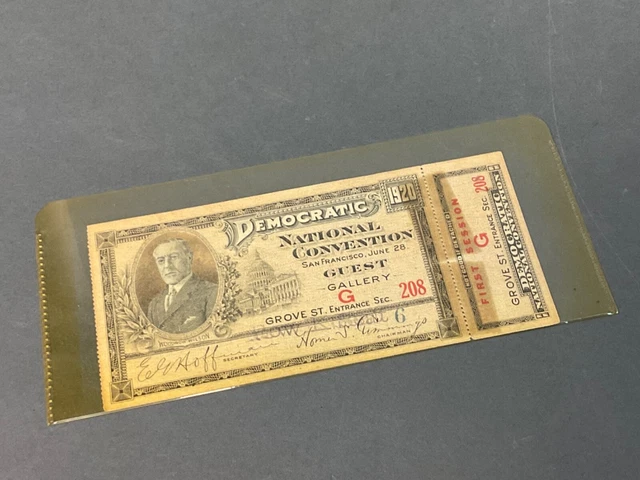 1920 DEMOCRATIC NATIONAL CONVENTION TICKET. FIRST SESSION, GUEST ...