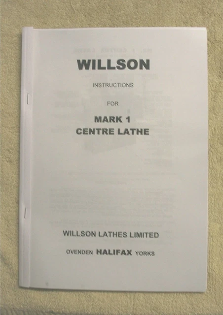 WILLSON MK1 SLANT Bed Lathe Manual £16.50 - PicClick UK
