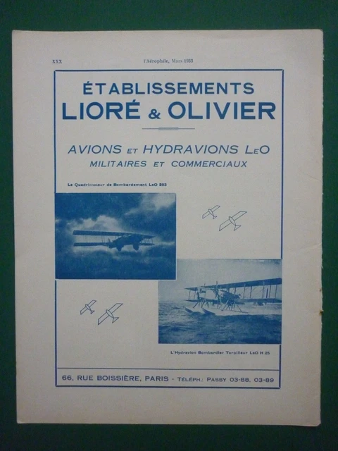 8/1932 PUB LIORE ET OLIVIER AIRCRAFT SEAPLANE BOMBER LeO 203 H 25 ...