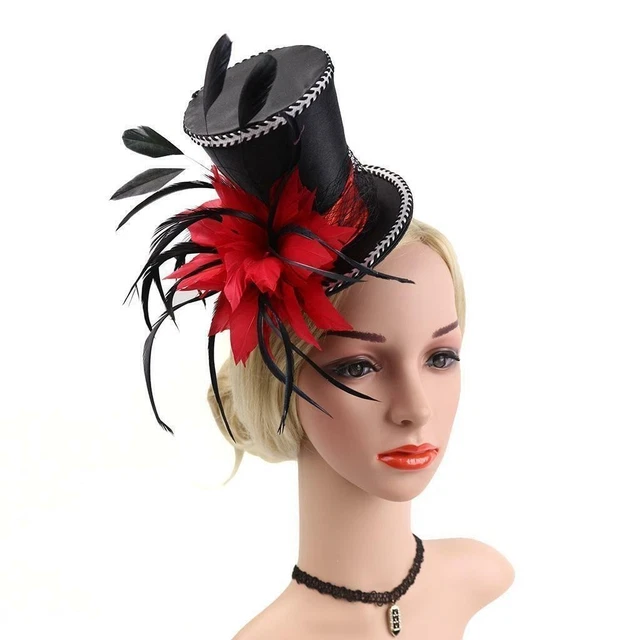 GOTHIC RETRO RED Feather Fascinator Top Hat Wedding Bridal Woman Ladies ...