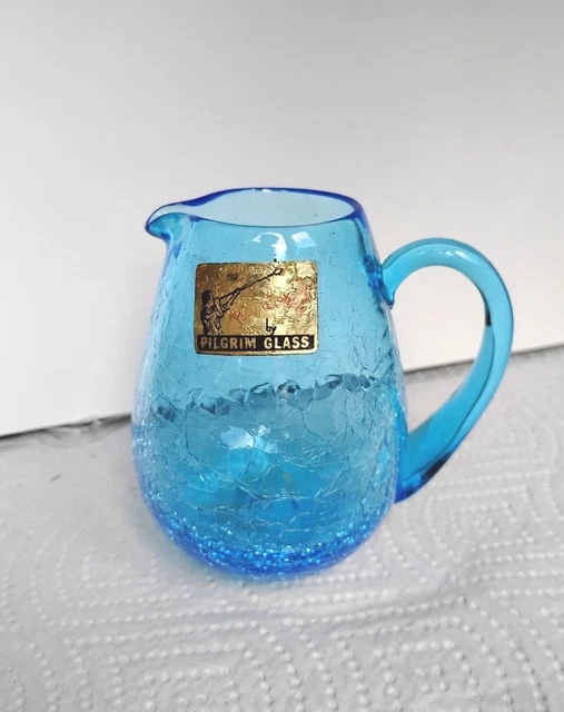 VINTAGE PILGRIM ART Glass Sky Blue Crackle Glass Pitcher w Handle 3.5 ...