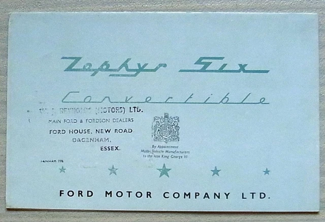 FORD ZEPHYR SIX CONVERTIBLE Car Sales Brochure Jan 1952 #3/J5683/153 £ ...