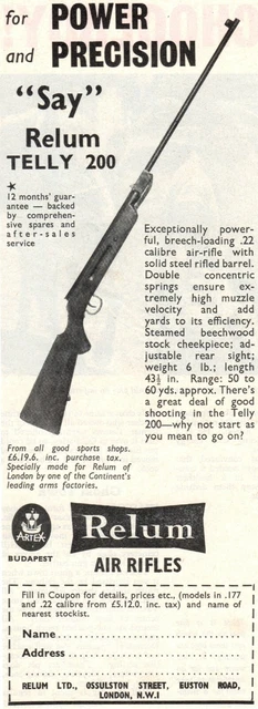 VINTAGE RELUM AIR Rifle ADVERT - Original 1964 - Telly 200 £5.00 ...