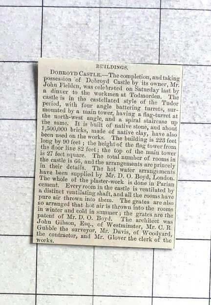 1869 DOBROYD CASTLE Completed, Mr John Fielden Takes Possession £5.00 ...