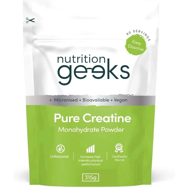 NUTRITION GEEKS PURE Creatine Monohydrate Powder 315g 90 Servings Vegan ...