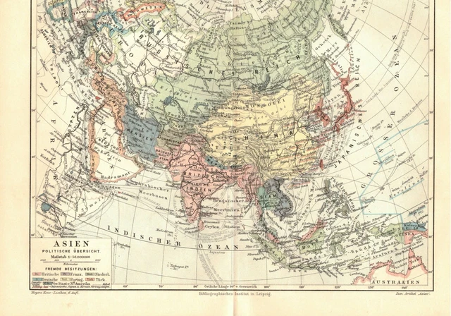 ASIA, POLITICAL OVERVIEW, Historical Map, Lithograph around 1900 (Z67 ...