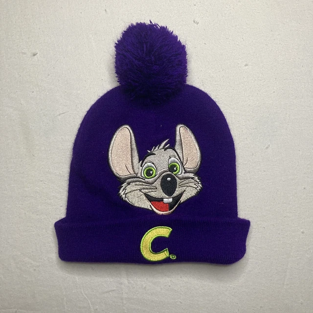 CHUCK E CHEESE Kids Hat Winter Beanie Snow Purple Pom Knit Patch Mouse ...