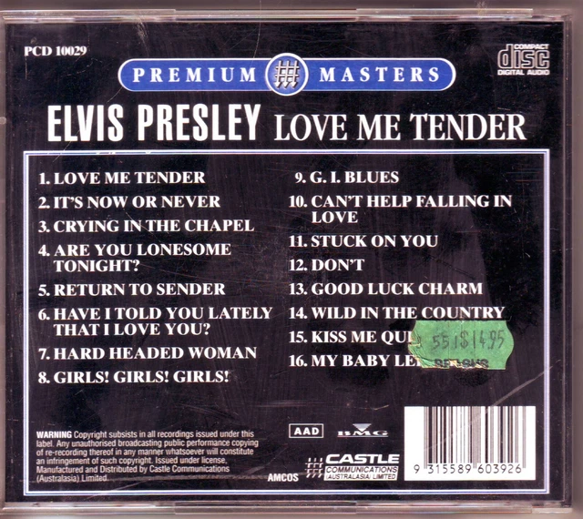 CD ALBUM/ELVIS PRESLEY/LOVE Me Tender/1989/Bmg/Australia/1.99 Cent $3. ...