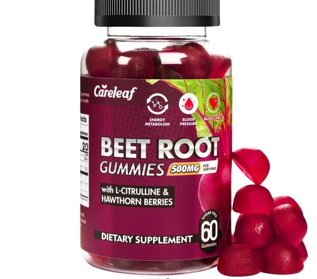 CARELEAF SUGAR FREE Vegan Beet Root Gummies for Blood Pressure with L ...
