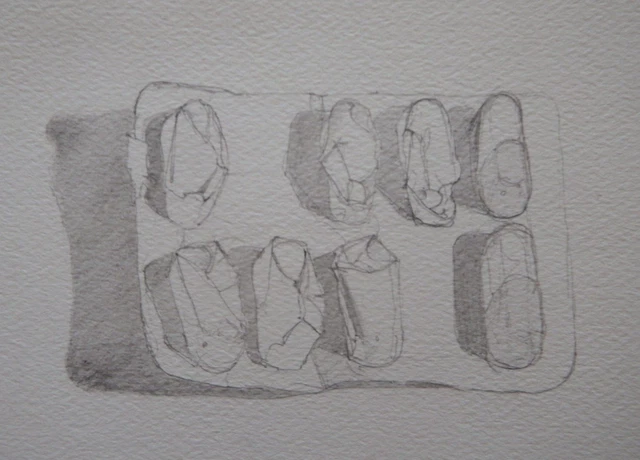 ORIGINAL PENCIL DRAWING of a packet of medicinal pills on textured ...