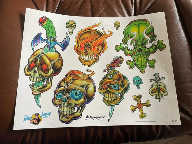 (LOT 29) VINTAGE Tattoo flash art paper sheet Kelly Gormley 2002 skulls ...