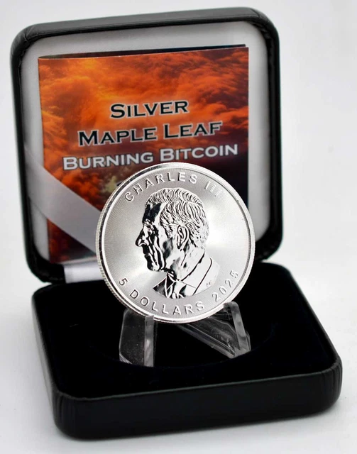 1 OZ SILBER Maple Leaf 2025 Burning Bitcoin Edition in Box CoA EUR 76 ...