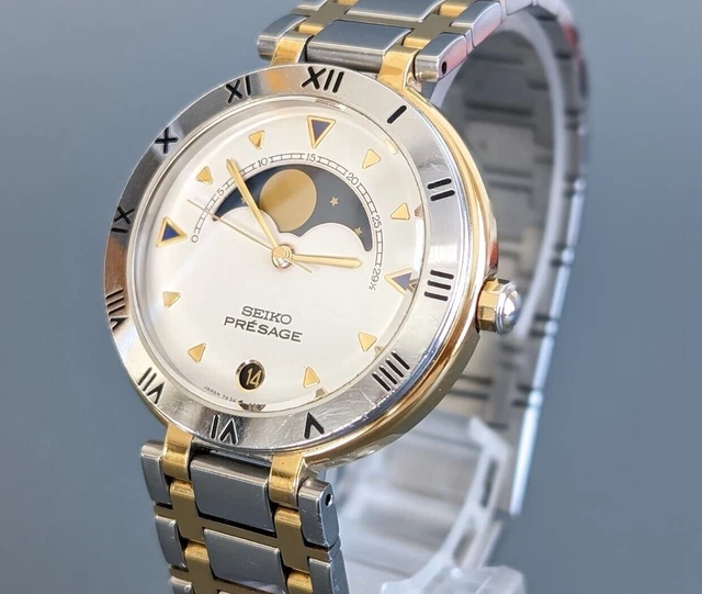 SEIKO PRESAGE MOON Phase 7434-6030 Silver Automatic Men's Watch Vintage ...