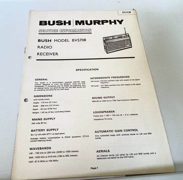 VINTAGE BUSH MURPHY Bush Model BV5708 Radio Receiver Service booklet 8 ...