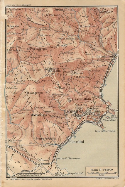 ANTIQUE MAP TAORMINA and surroundings Messina Sicily TCI 1919 Antique ...