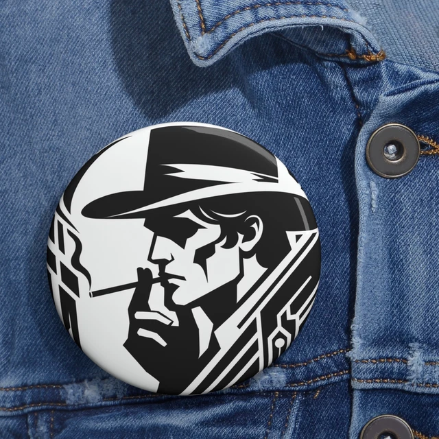 CUSTOM PIN BUTTON Badge Retro Art Deco Cowboy Minimalistic Black White ...