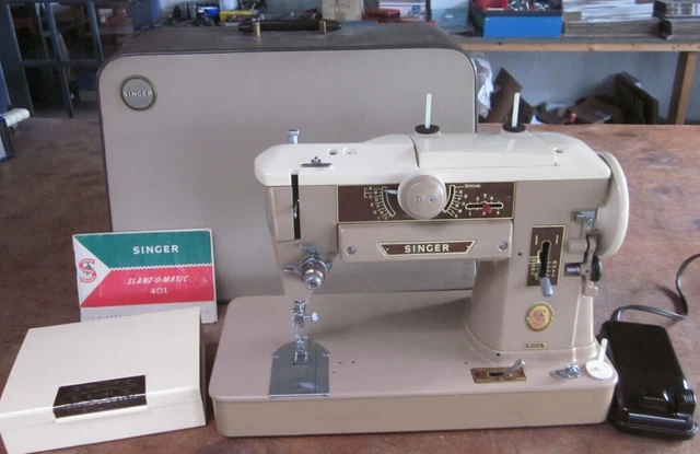 SINGER 401A SEWING machine w/ attachments, manual and case, made in USA ...
