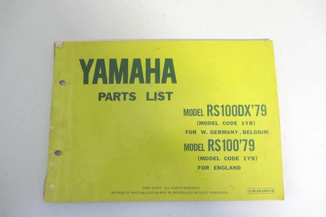 TEILE KATALOG - Parts List Yamaha RS 100 DX ´79 Typ 1Y8, 1Y9 EUR 24,90 ...