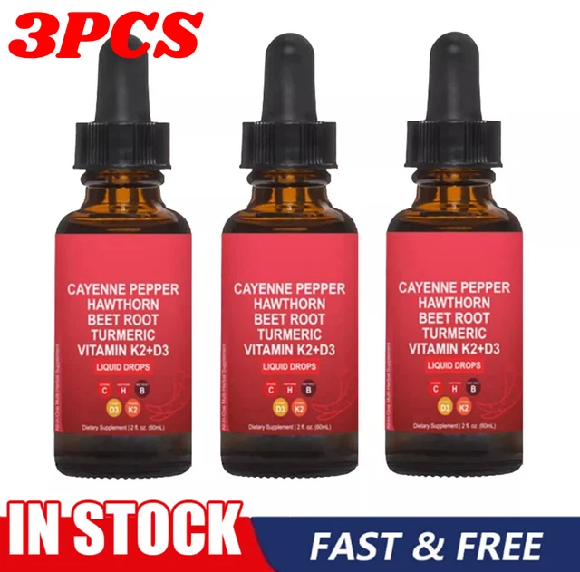 3X CAYENNE PEPPER Hawthorn Beet Root Turmeric Vitamin K2+D3 Liquid ...